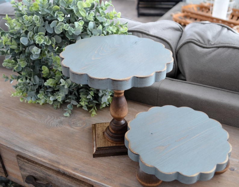 Set of Two Farmhouse Blue Scalloped Edge Risers...wood Stands ...