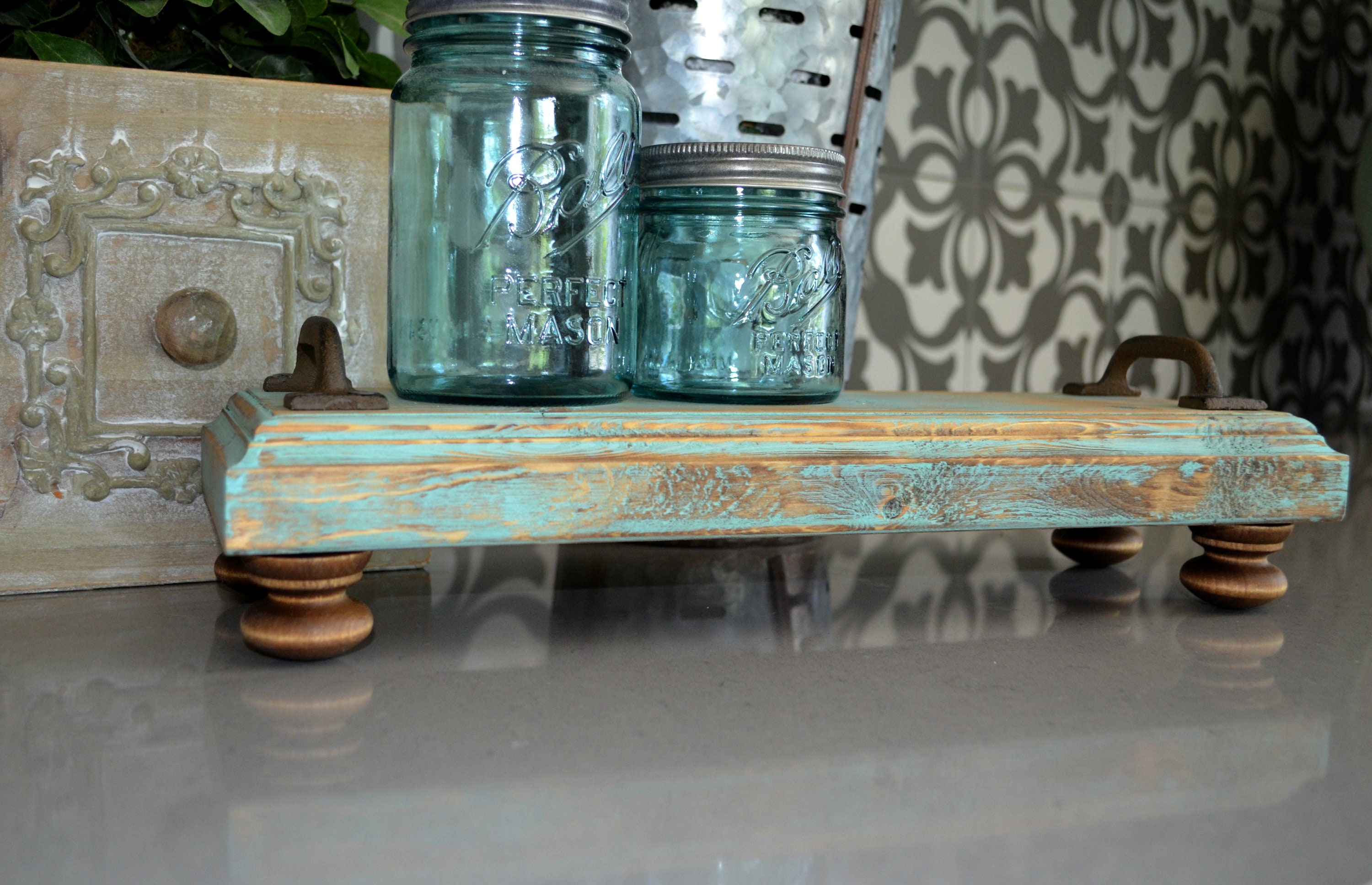 Aqua Farmhouse Wood Riser...wood Tray With Handles...wood - Etsy
