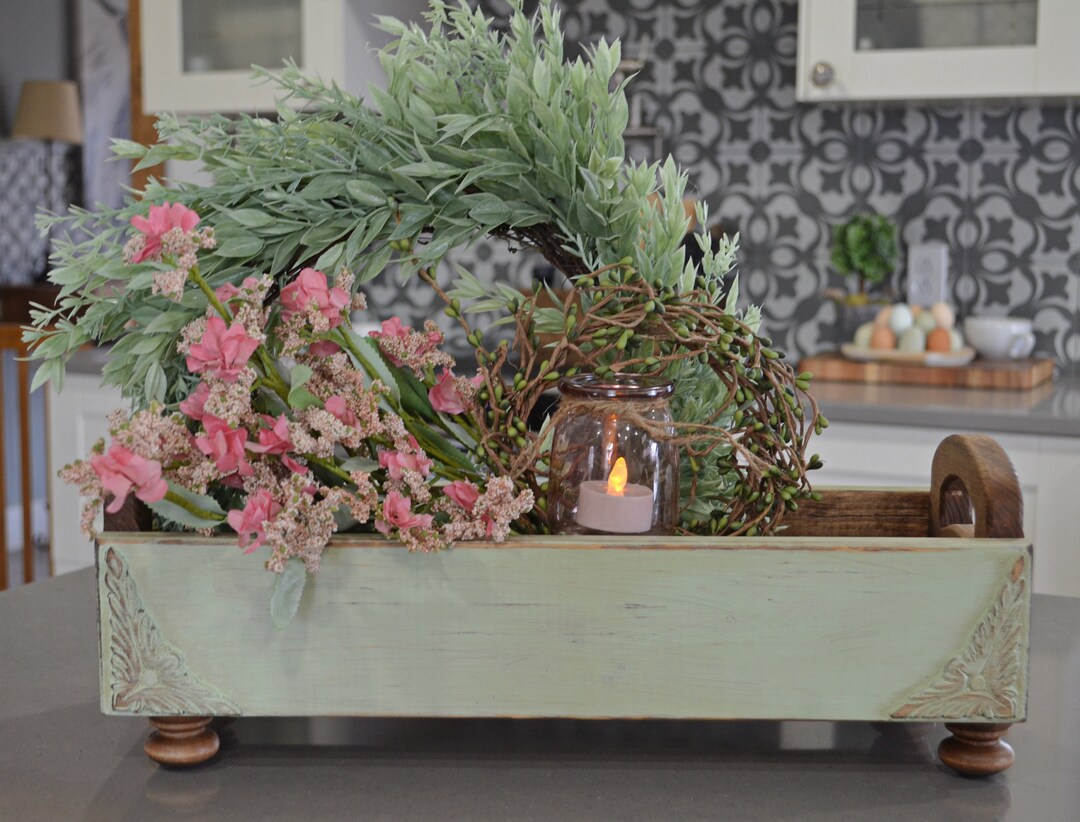 Green Farmhouse Caddy...wood Caddy...farmhouse Centerpiece...caddy With ...