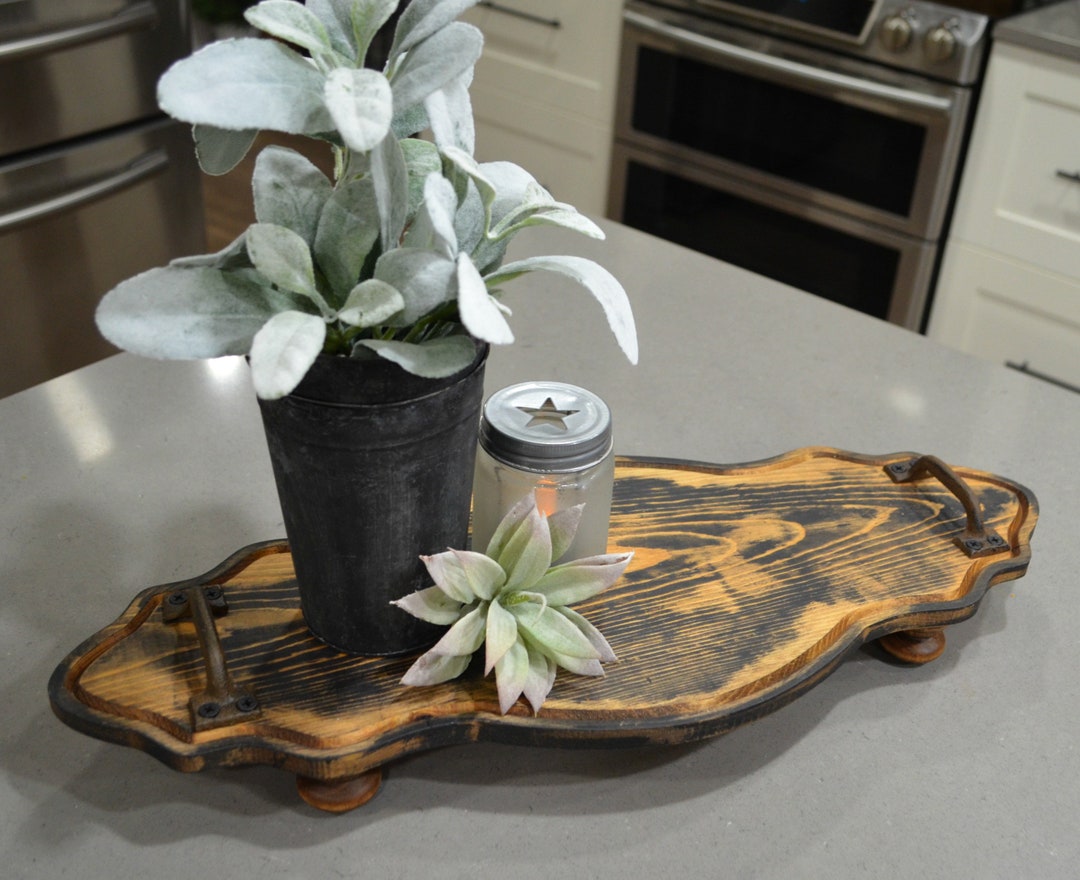 Farmhouse Wood Tray...distressed Black Riser...wood Tray With Handles ...