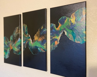 Magenta, Blue and Copper Abstract Fluid Art Acrylic Pour Triptych Painting. Each Canvas is 10x ...