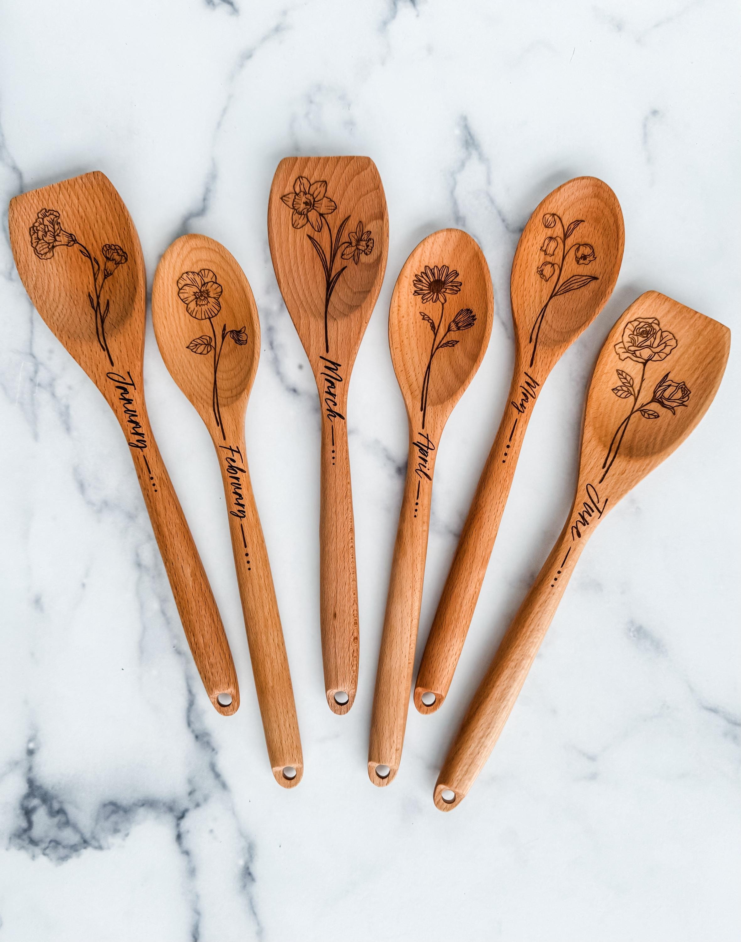 Engraved Birth Month Flower Wooden Kitchen Utensil, Cooking Gifts for ...