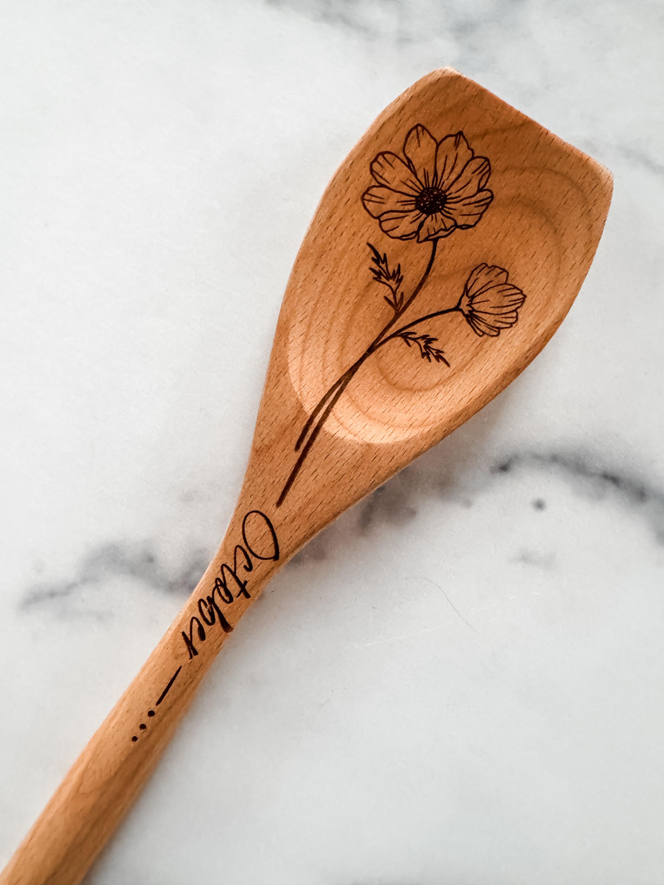 Engraved Birth Month Flower Wooden Kitchen Utensil, Cooking Gifts for ...