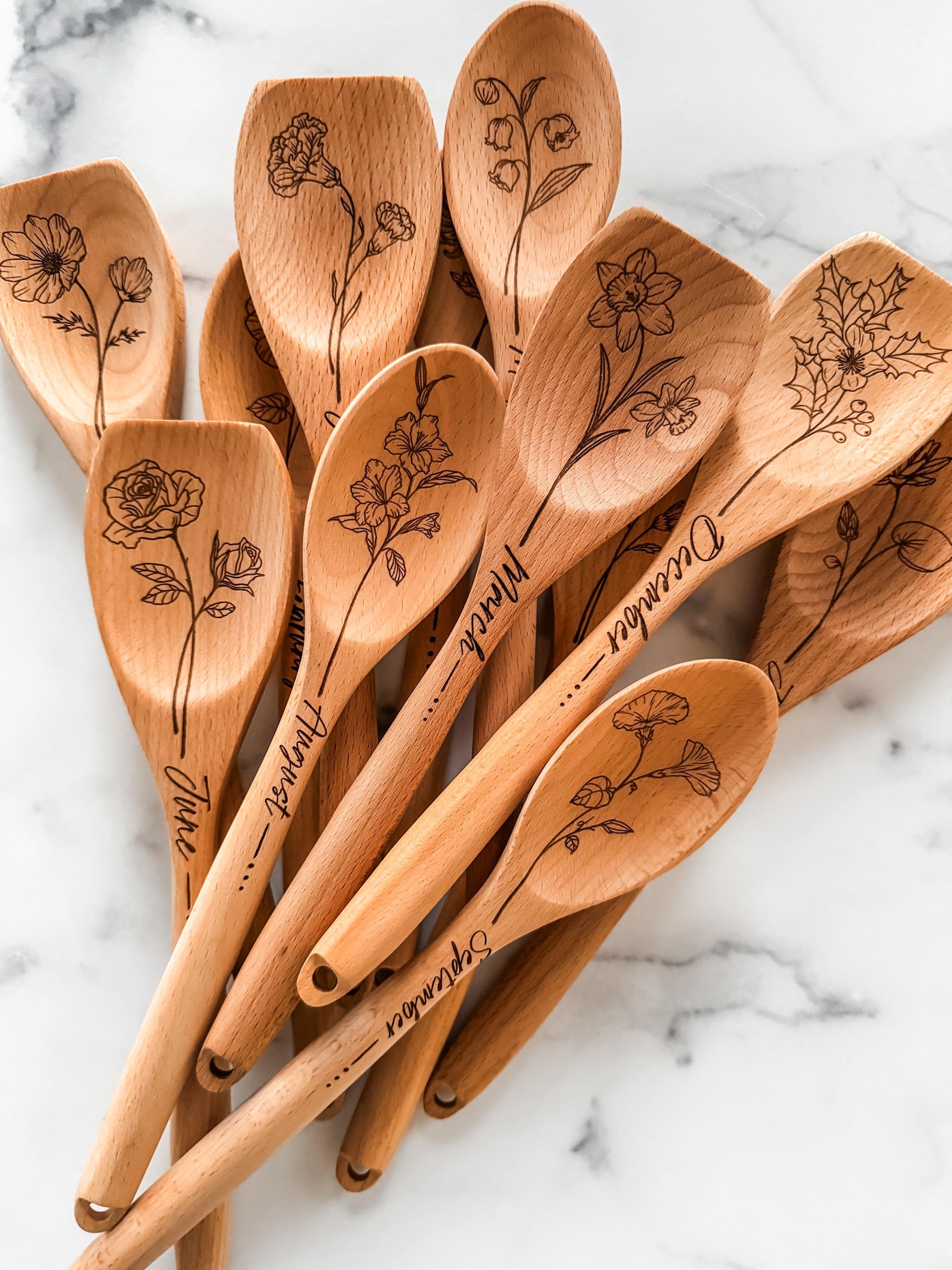 Engraved Birth Month Flower Wooden Kitchen Utensil, Cooking Gifts for ...