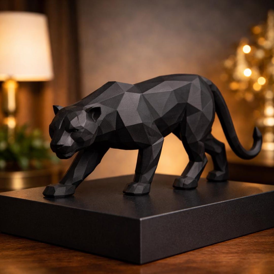 Geometric Jaguar Sculpture – Matte Black 3D Printed Animal Figurine ...