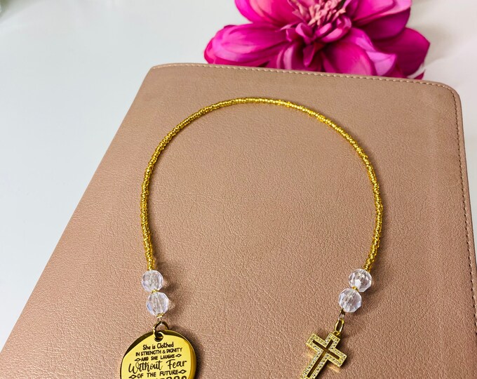 BIBLE BOOKMARK/ Gold Cross and Charm Gold Beads Proverbs 31:25 - Etsy