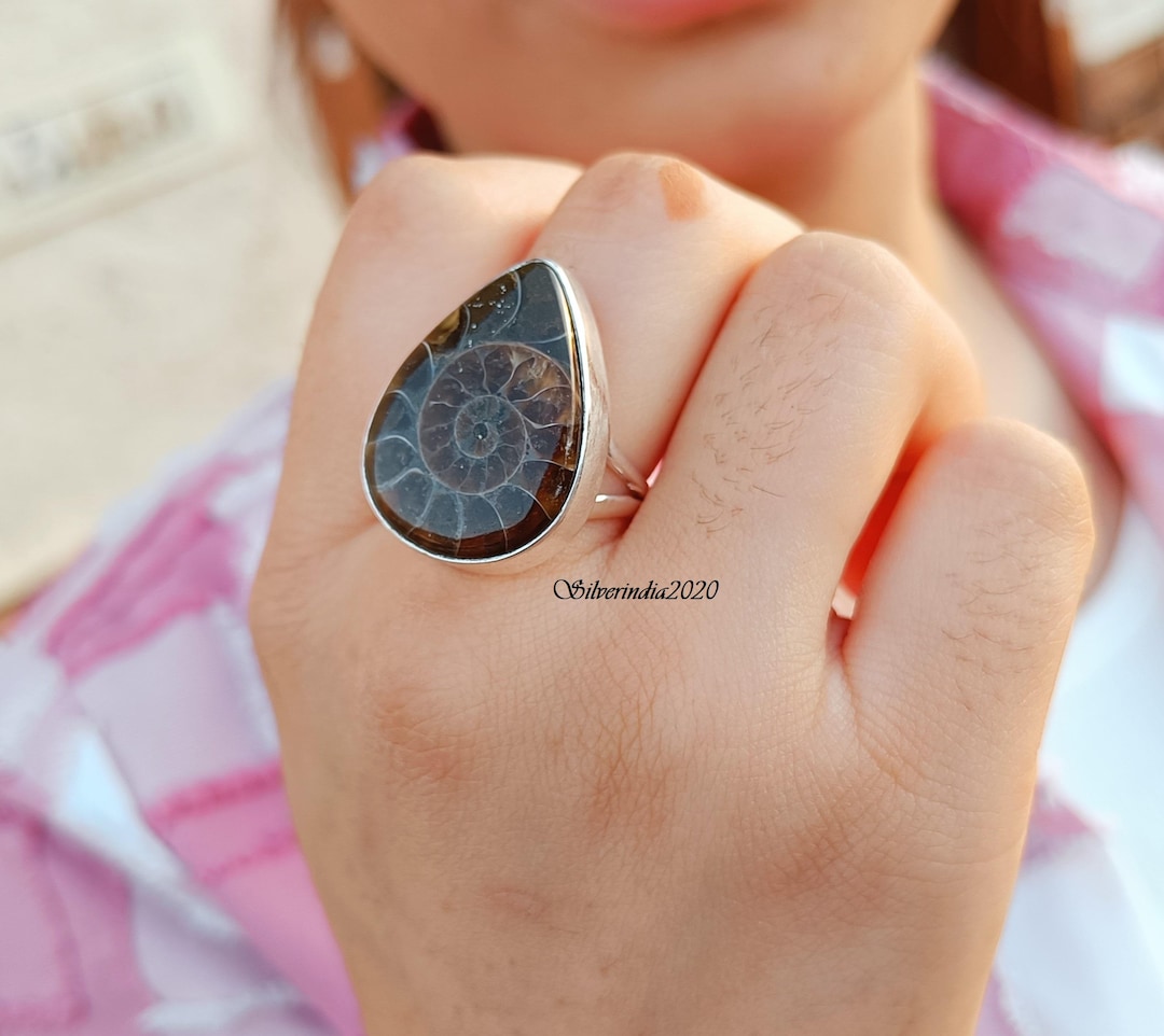 Sterling Silver Ammonite Fossil Ring: Handmade Boho Gemstone Band - Etsy