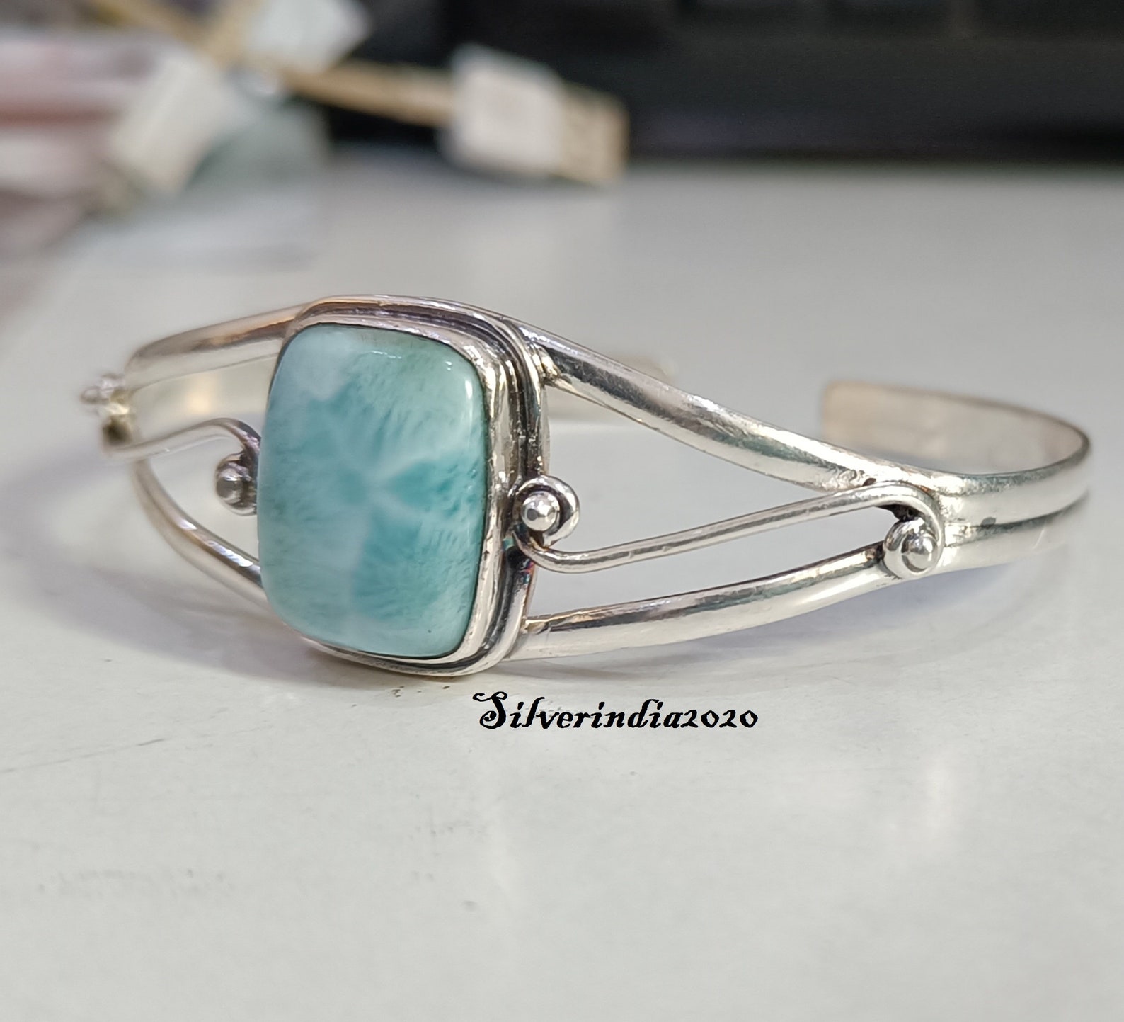 Natural Larimar Bracelet925 Silver Bangle Larimar Gemstone - Etsy