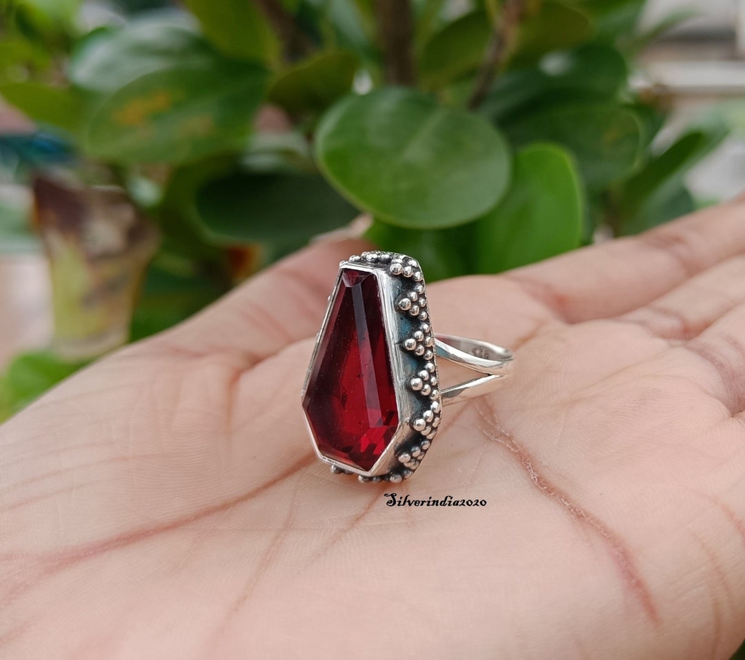 Garnet Coffin Shape Ring, 15x20mm Stone Size Gemstone Ring, 925 ...