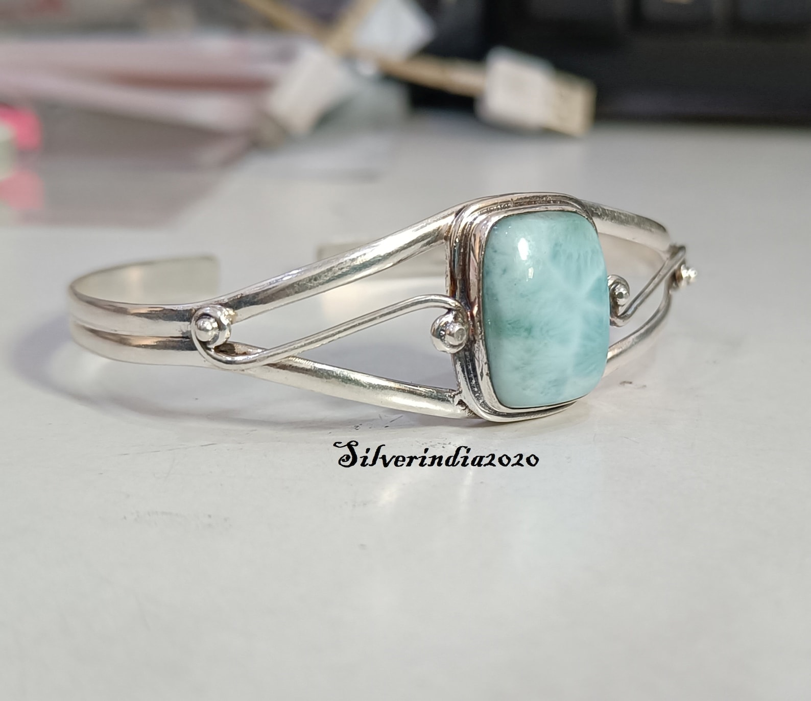 Natural Larimar Bracelet925 Silver Bangle Larimar Gemstone - Etsy