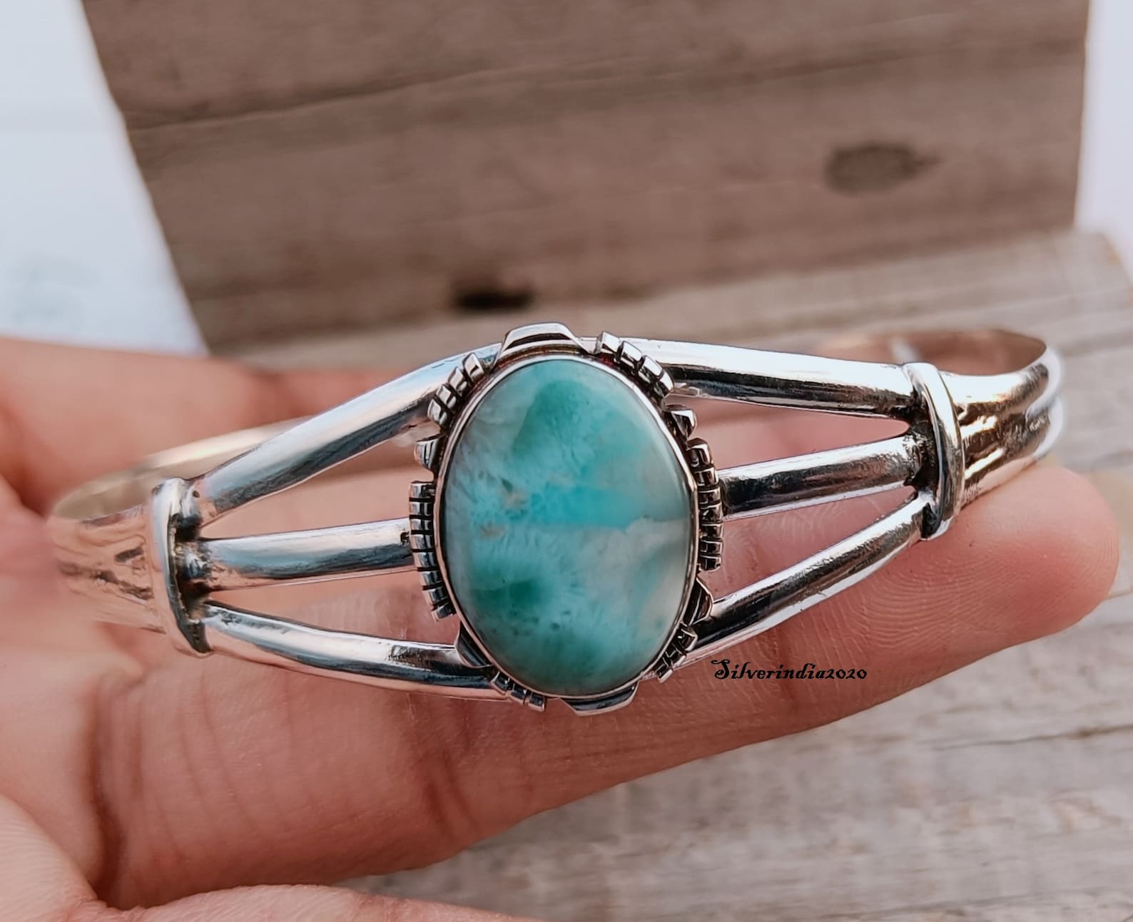 Natural Larimar Bracelet925 Silver Bangle Larimar Gemstone - Etsy
