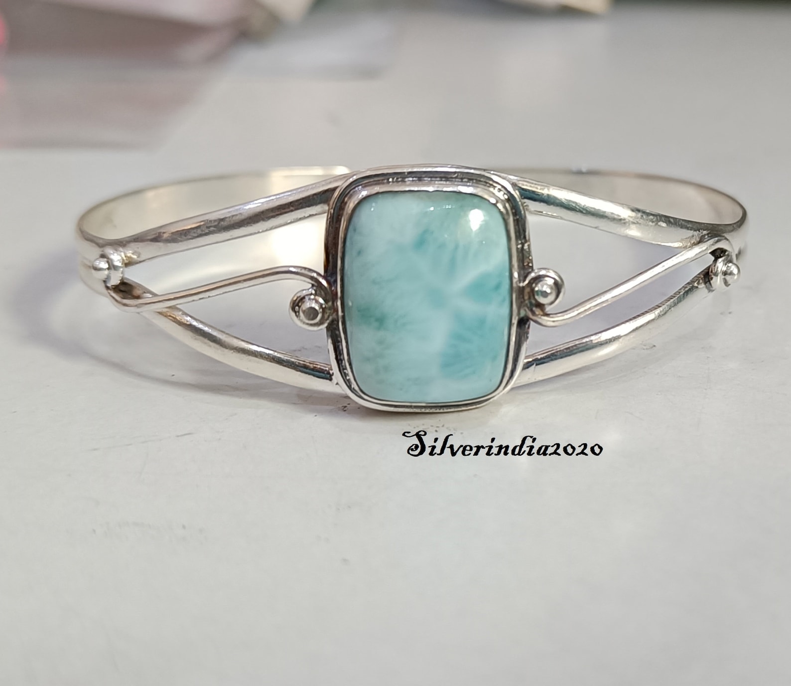 Natural Larimar Bracelet925 Silver Bangle Larimar Gemstone - Etsy