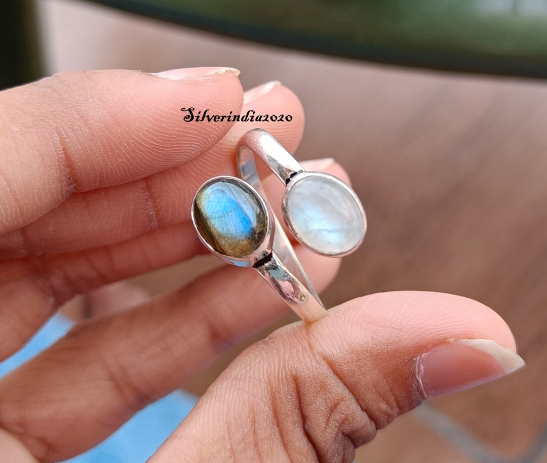Labradorite Moonstone Ring: 925 Sterling Silver Adjustable Gemstone ...