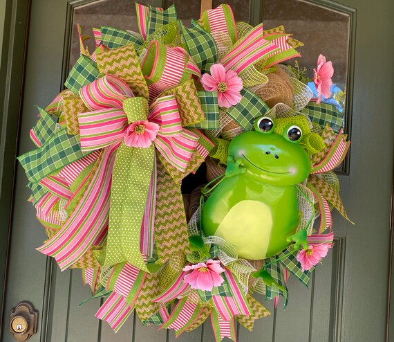 Spring summer frog deco mesh wreath all occasion wreath frog | Etsy