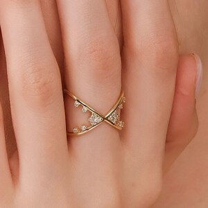 14k Unique Diamond X Ring, Hand Crafted Statement Ring, Genuine ...