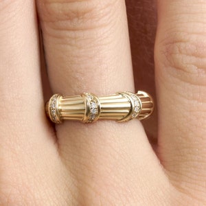 Solid Gold Bamboo Diamond Ring, Unique Stackable Ring, Natural Diamond ...