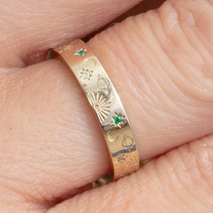 Celestial Ring, Natural Emerald Accents, Solid Gold Flat Band Ring ...