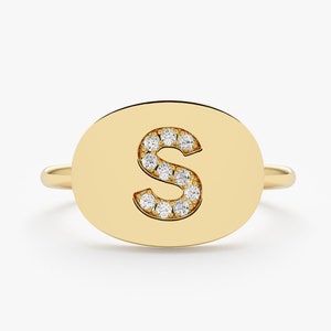 14k Solid Gold Diamond Initial Ring, Diamond Signet Ring, 14k White ...