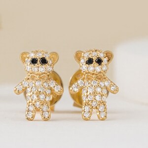Diamond Teddy Bear Earrings, 14K Gold Teddy Bear Stud, Diamond Cute Cuddly Bear, Gummy Bear ...