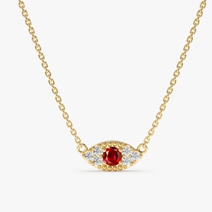 Ruby and Diamond Mini Evil Eye Necklace, Luck Charm, 14K White, Yellow ...