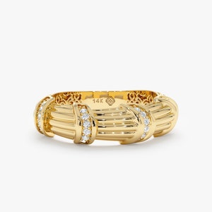 Solid Gold Bamboo Diamond Ring, Unique Stackable Ring, Natural Diamond ...