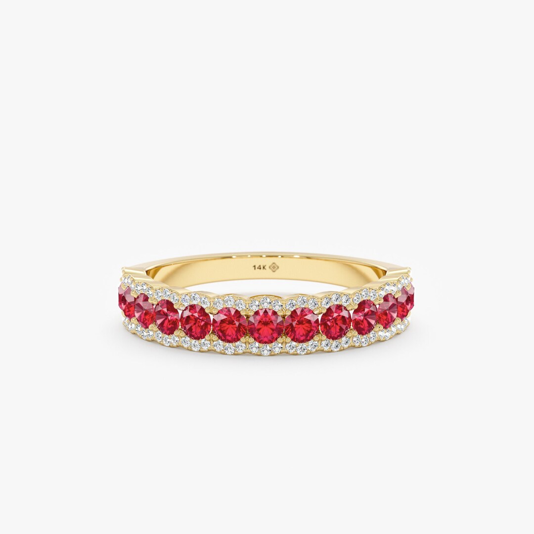 Ruby Diamond Half Eternity Ring, Natural Ruby Wedding Band, 14k or 18k ...
