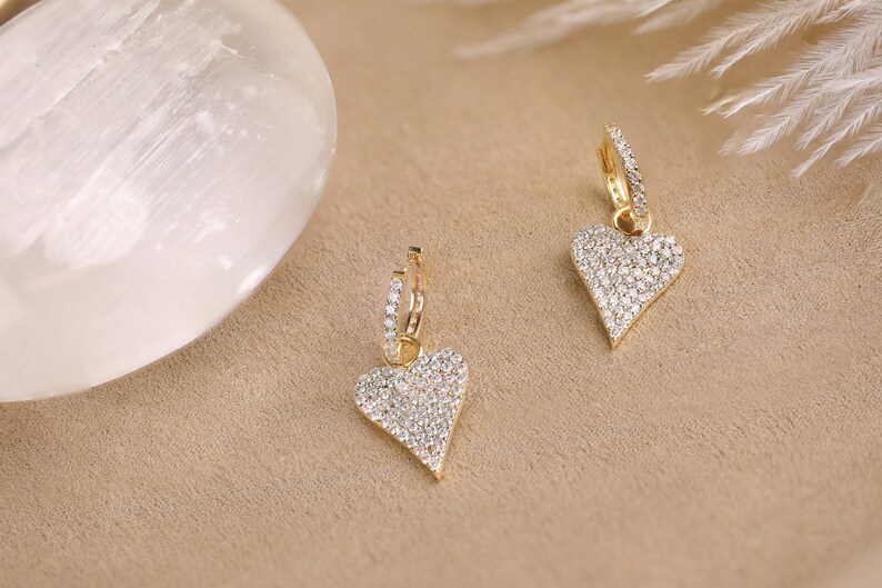 14k Solid Gold Diamond Heart Huggies, Diamond Hoops, Elongated Heart ...