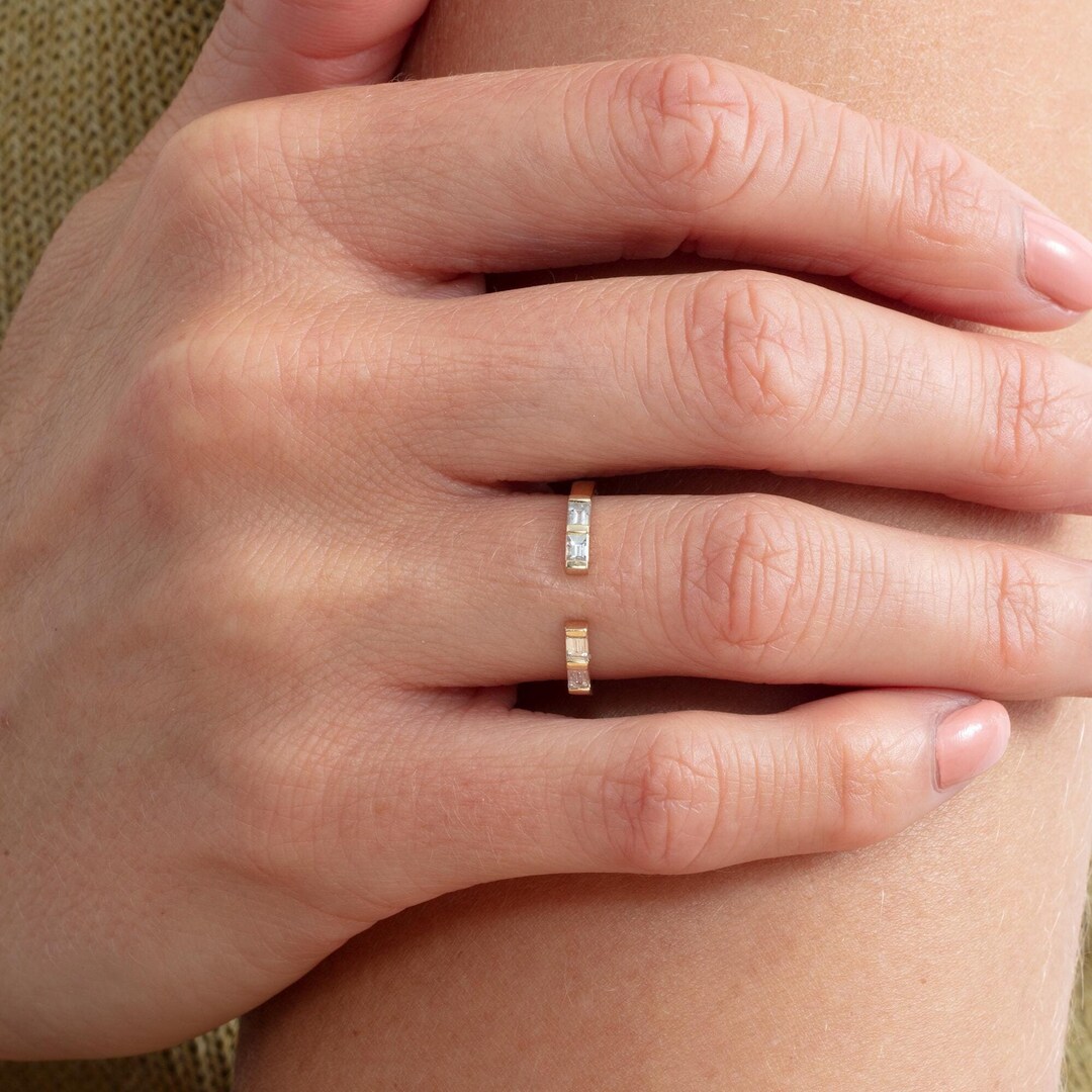 Baguette Diamond Open Ring, 14k or 18k Solid Gold Cuff Ring, Natural ...