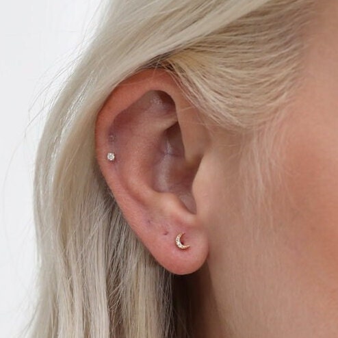 14k Diamond Mini Moon Studs Small Crescent Earrings Full | Etsy