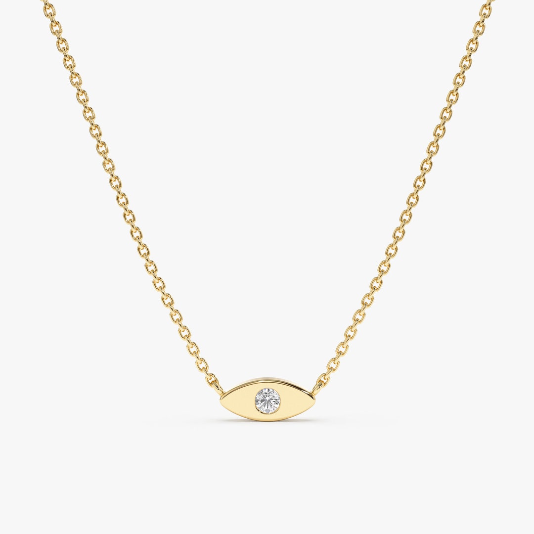 14k Small Evil Eye Necklace, Diamond Evil Eye Charm, Solid Gold ...