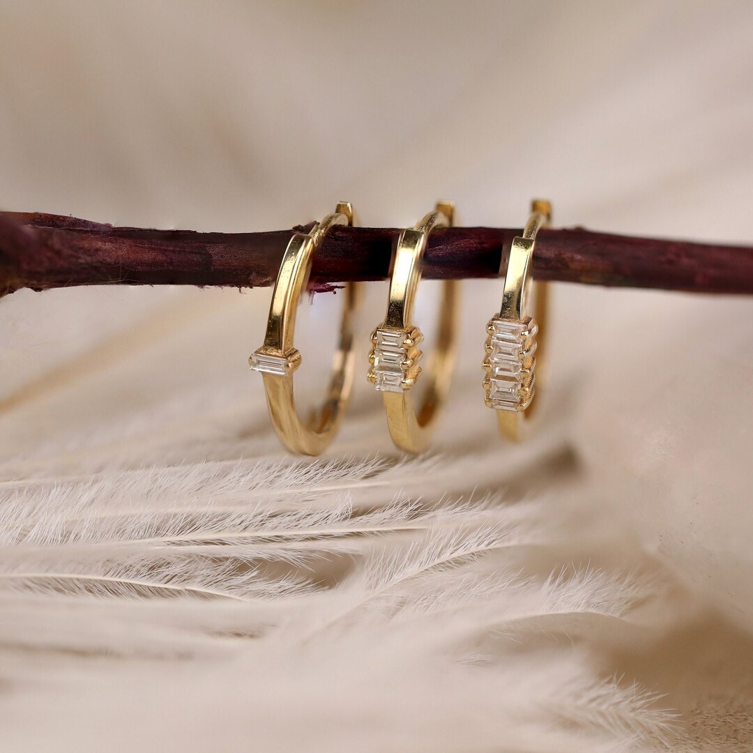14k Small Diamond Huggies, Diamond Small Hoop Earrings, Baguette ...
