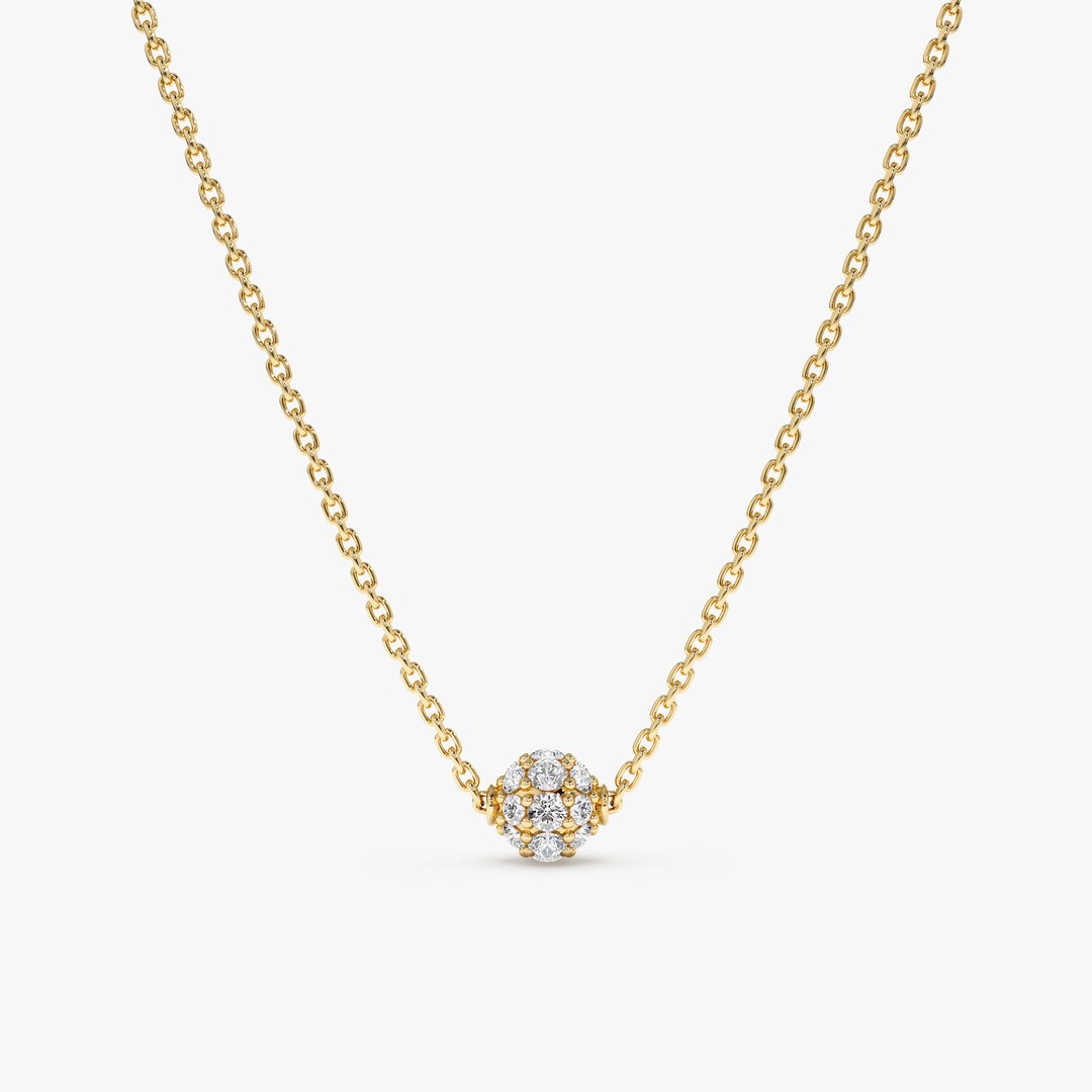 14k Gold Small Diamond Charm Necklace, Gold Ball Necklace, Pave ...