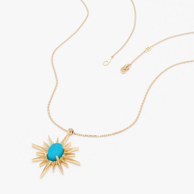 Turquoise Sunburst Pendant, Solid Gold Starburst Pendant, Natural Oval ...