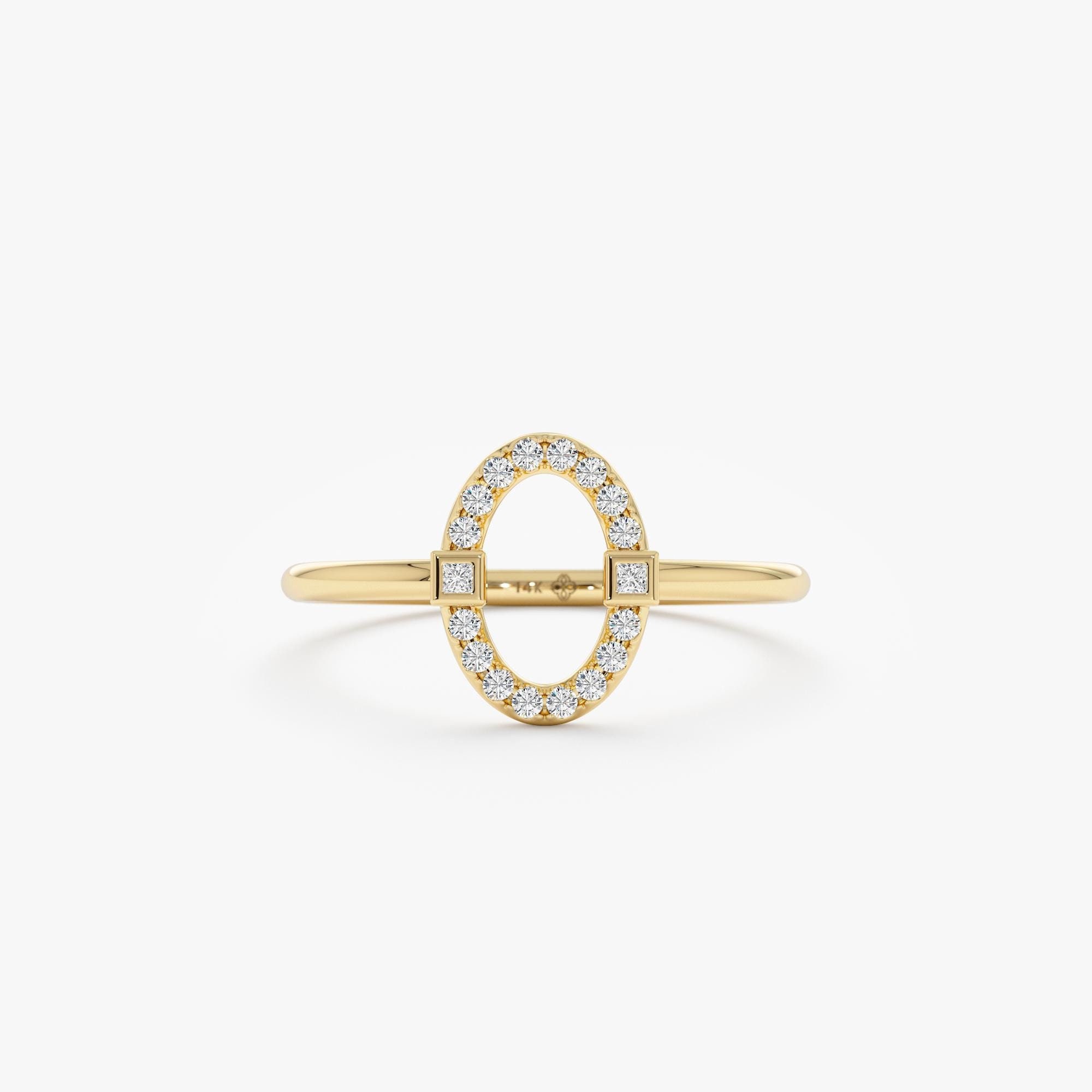 14k Oval Diamond Ring, Solid Gold Band, Pave Diamond Open Oval Ring ...