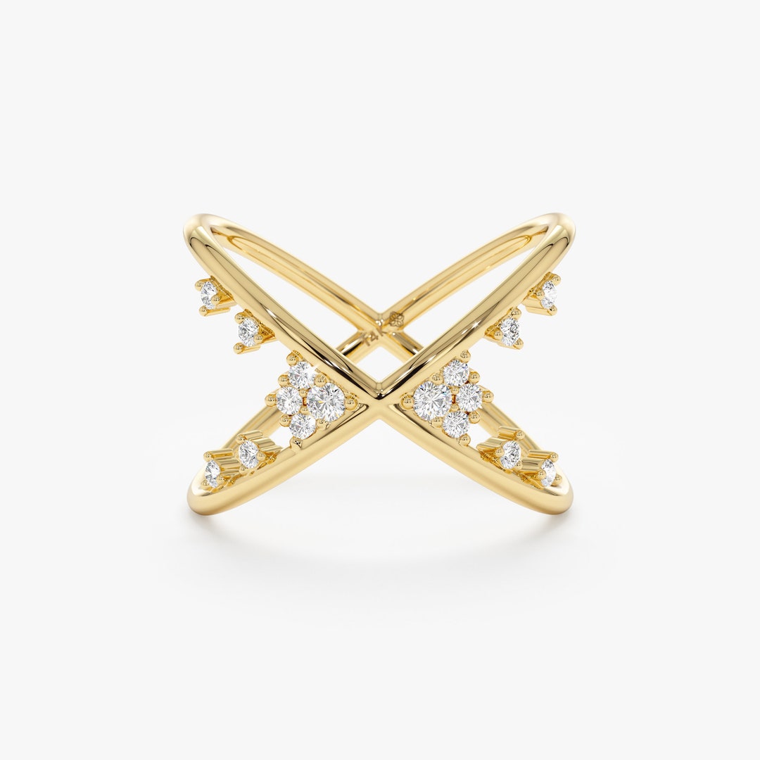 14k Unique Diamond X Ring, Hand Crafted Statement Ring, Genuine ...