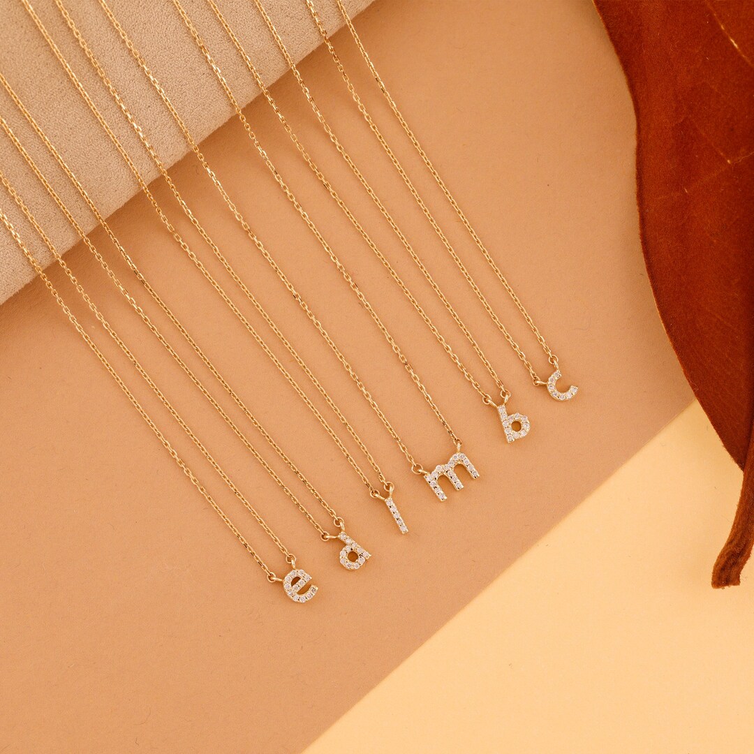 Diamond Lowercase Initial Necklace, 14k Solid Gold, White Natural ...