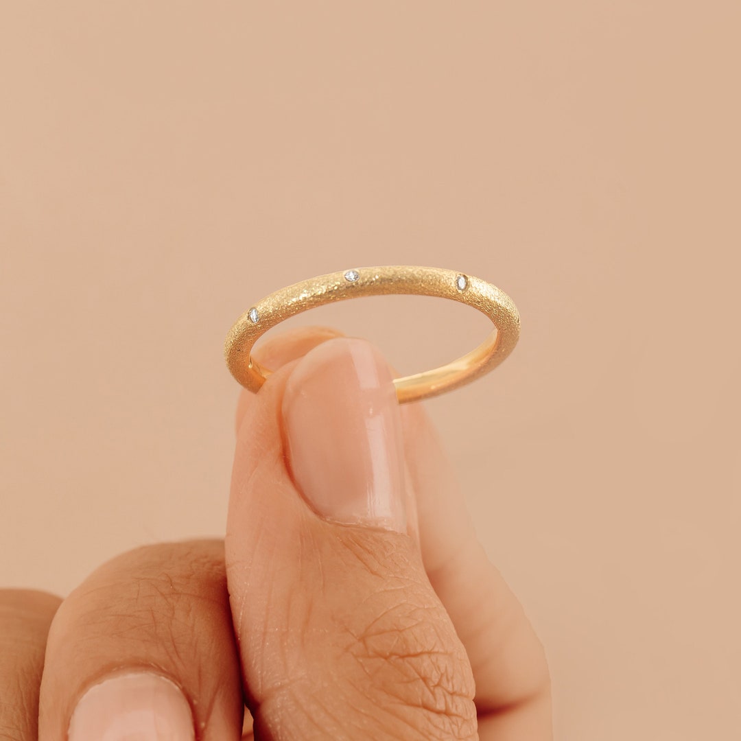 Buy 14K Sandblasted Gold Diamond Ring, Matte Gold Wedding Ring, Hand Brushed Ring, Stacking Ring ...