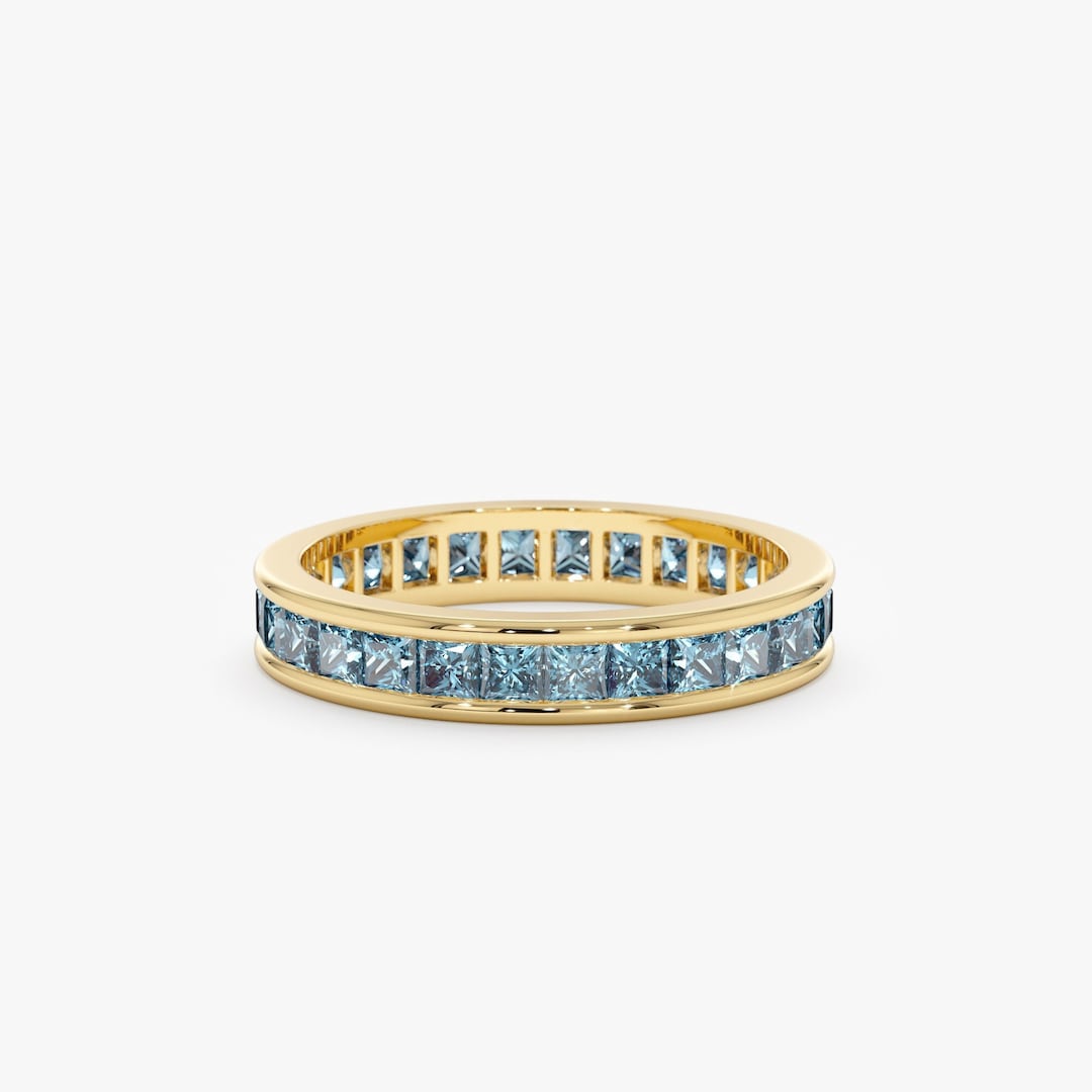 Blue Topaz Eternity Ring, Natural Princess Cut Gemstones, 14k or 18k ...