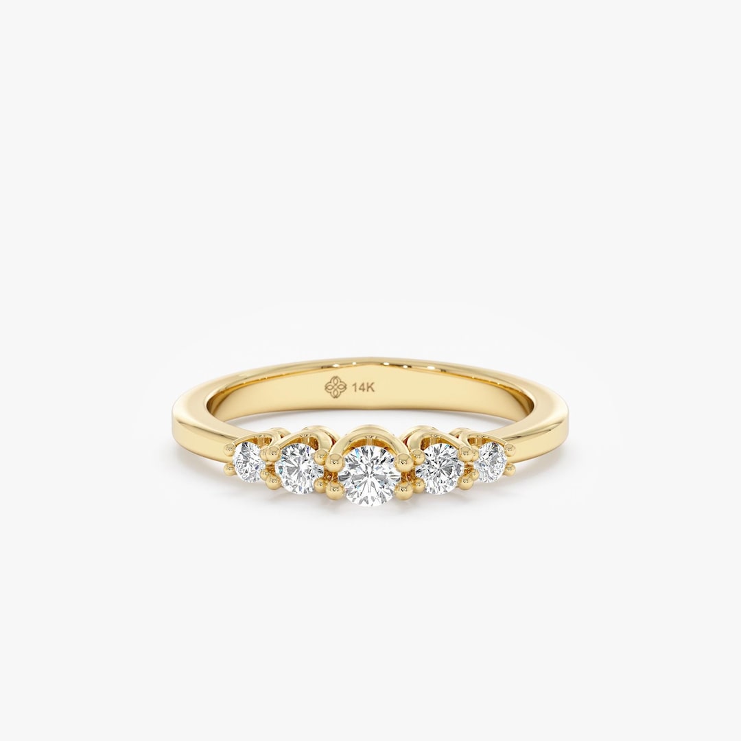 14k Gold Graduated Diamond Ring, 5 Natural White Diamonds, Handcrafted ...
