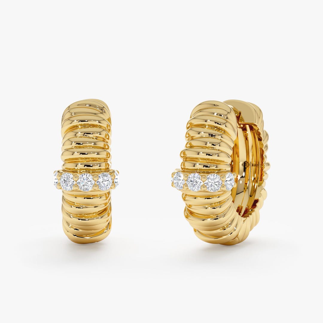 14k Ribbed Diamond Hoop Earrings, Thick Solid Gold Huggies, Natural Diamond Bar Accent, Textured ...