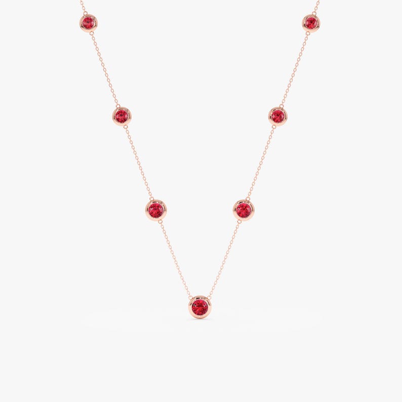 Ruby Station Necklace, 10k 14k 18k Solid Gold, Graduated Ruby Bezels ...
