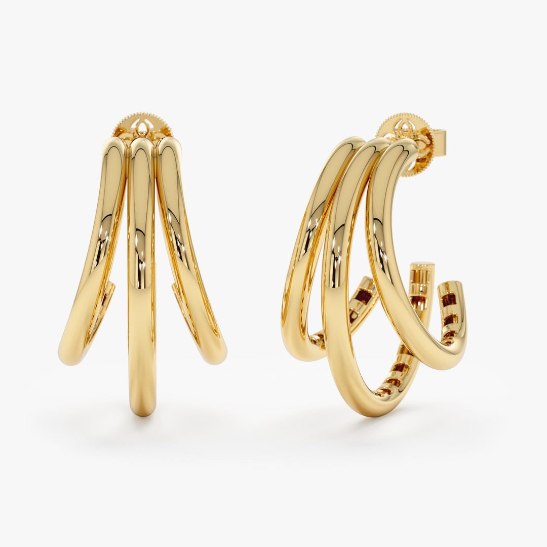 14k Triple Hoop Earrings, Plain Solid Gold Multi Hoop Stud, Round Open ...