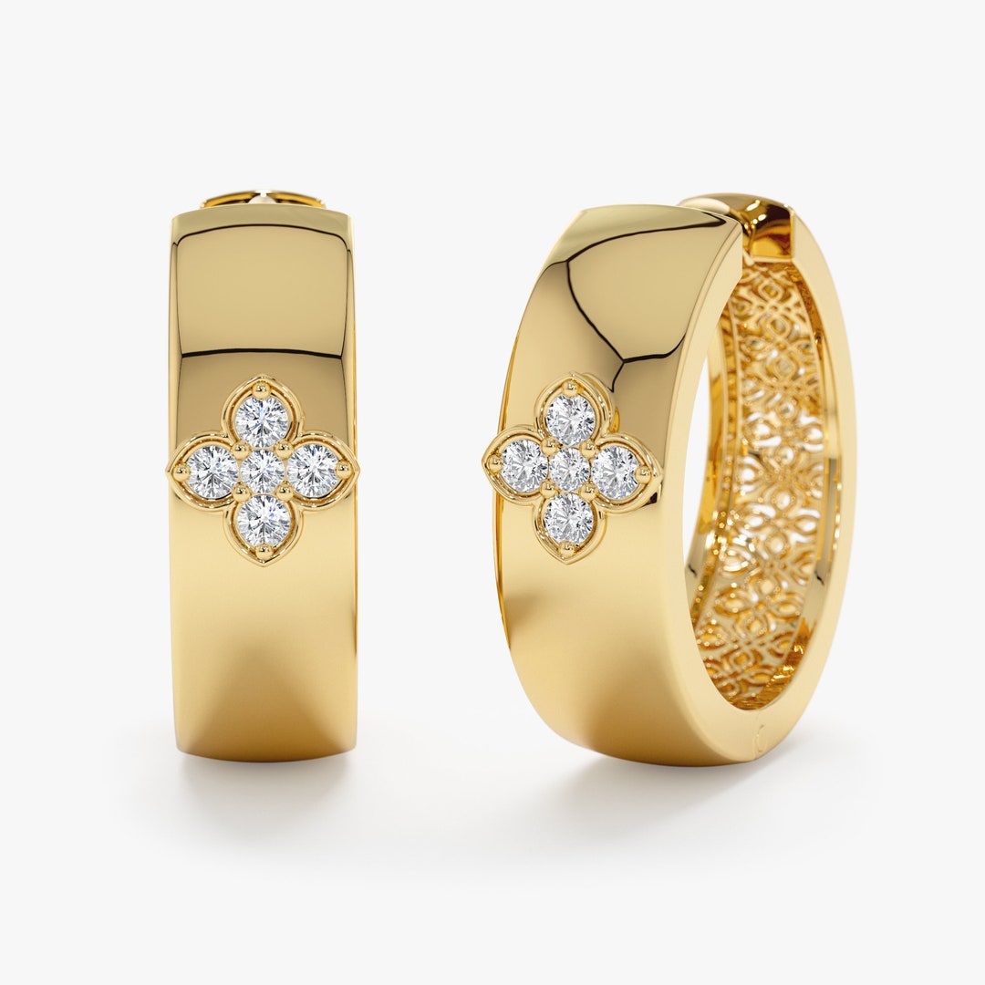 Diamond Clover Huggie, 14k Thick Gold Hoop, Fine Solid Gold, Fancy Gold ...