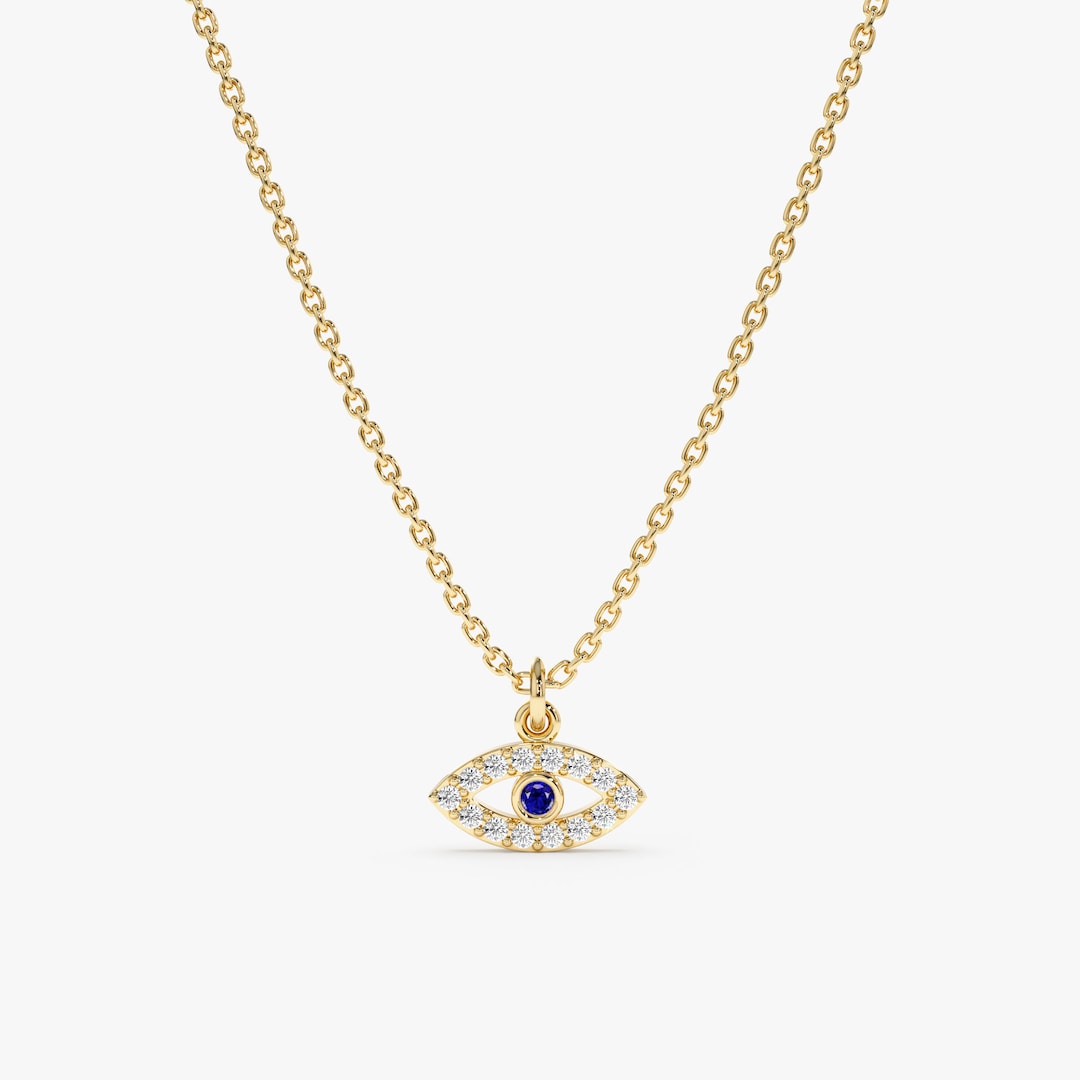 14k Diamond Mini Evil Eye Necklace, Diamond and Sapphire, Solid Gold ...
