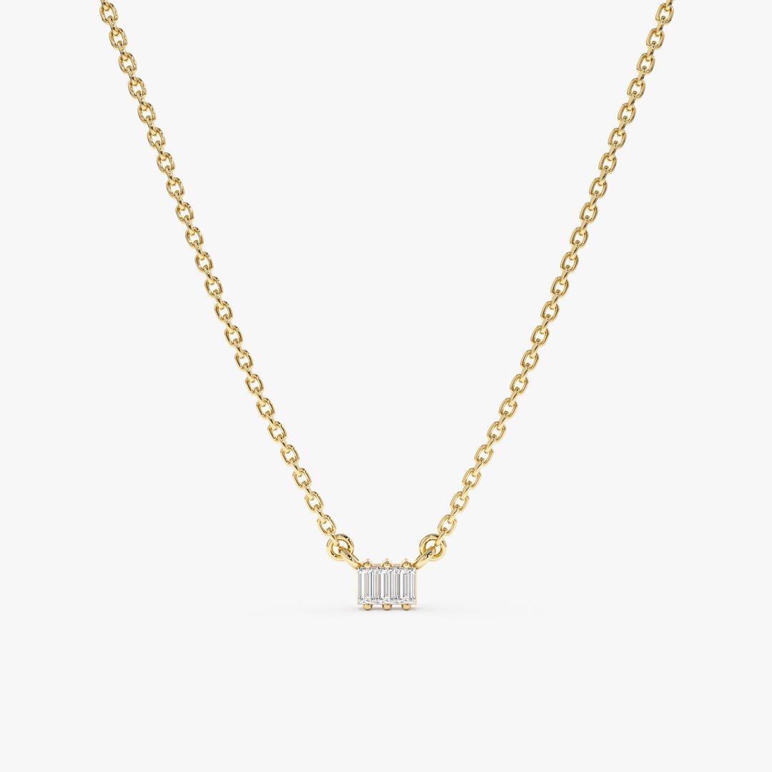 14k Gold Small Diamond Necklace, Baguette Diamond Necklace, Mini ...