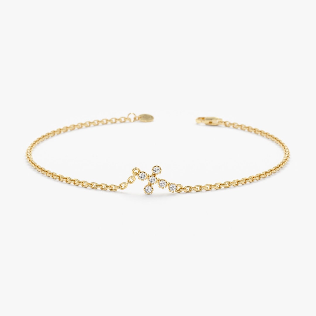 Small Diamond Cross Bracelet, 14k Solid Gold, Cross Charm, Dainty Gold ...