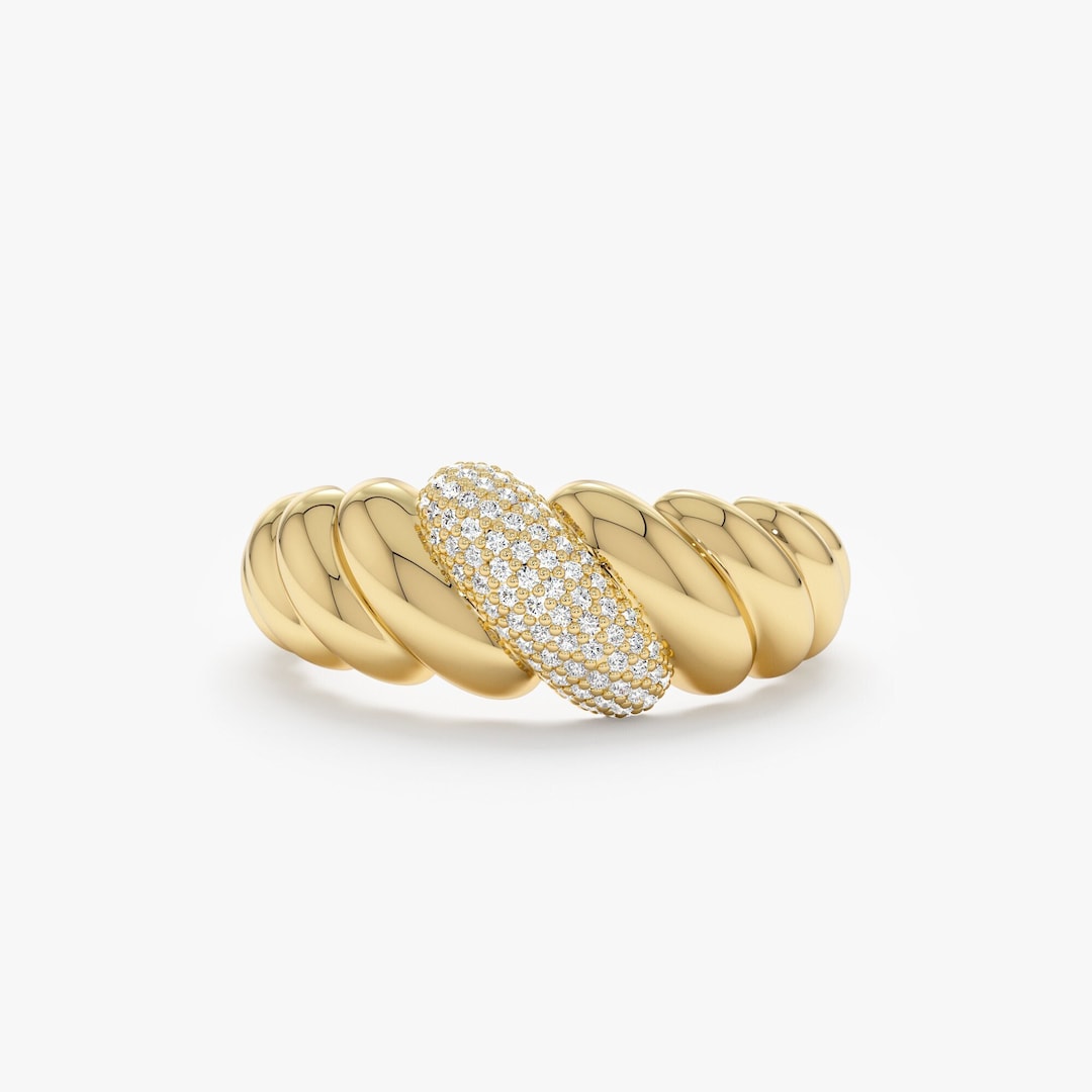 14k Chunky Croissant Ring, Diamond Bubble Breaded Ring, Fine Fashion ...