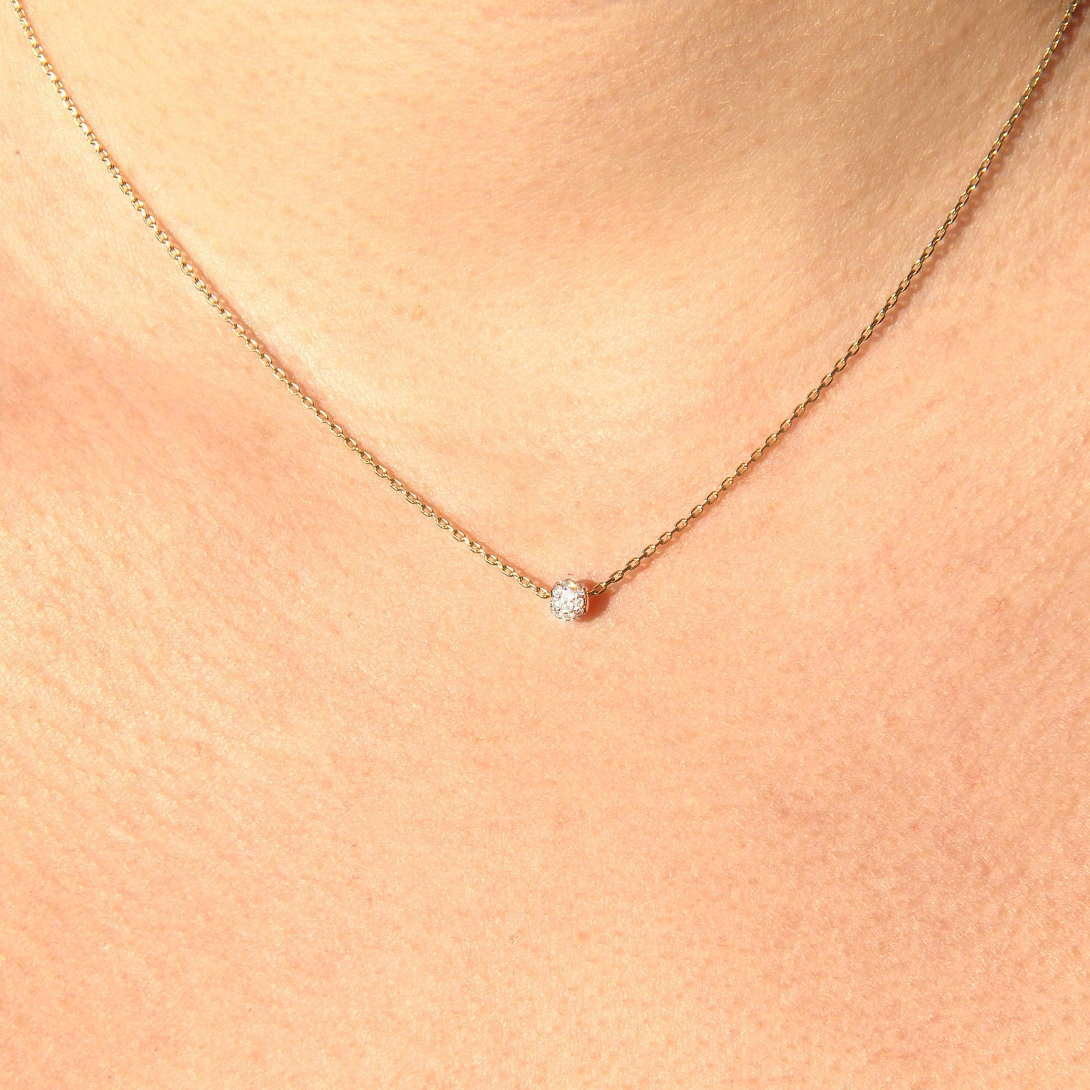 14k Gold Small Diamond Charm Necklace Gold Ball Necklace - Etsy