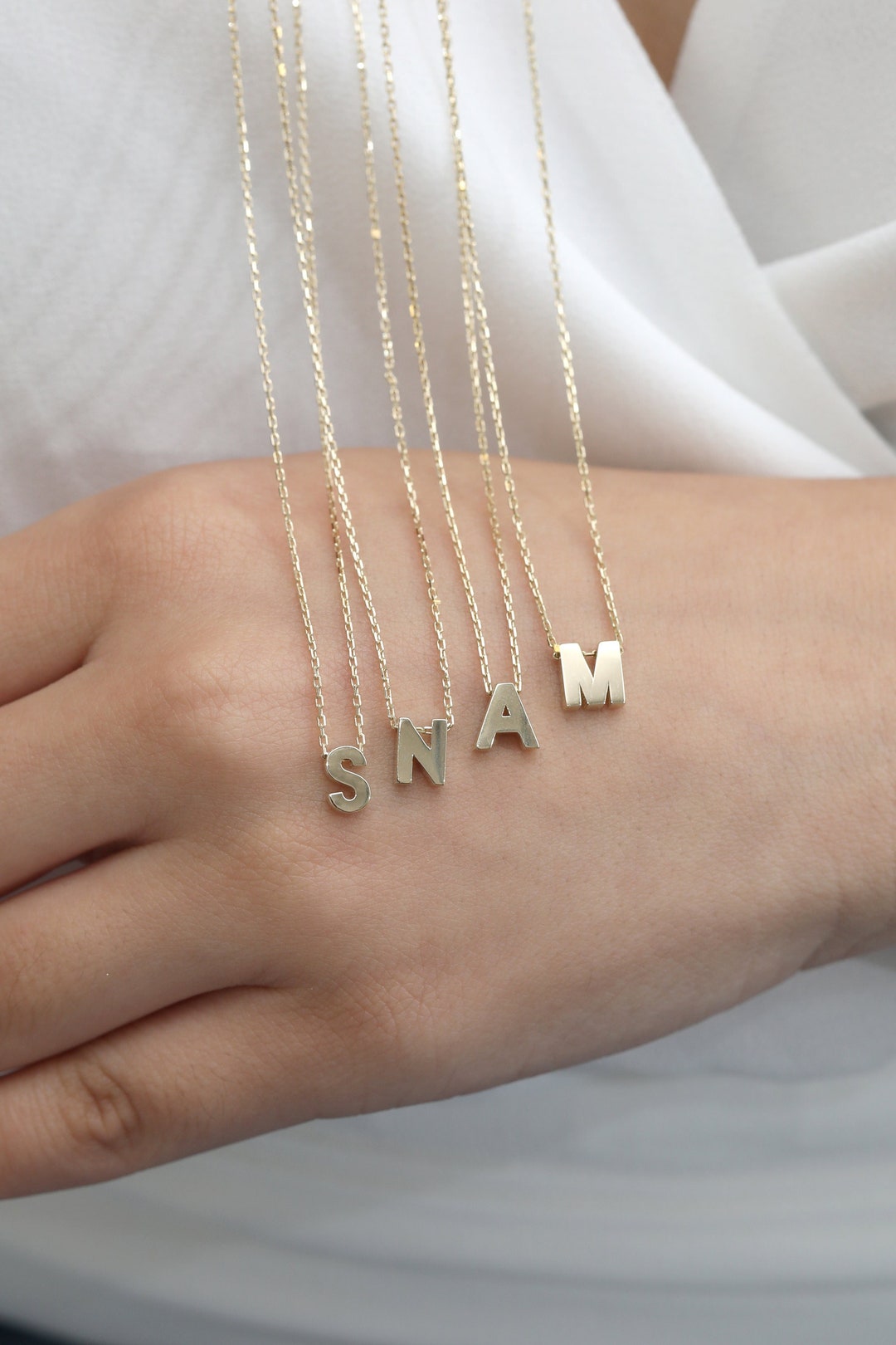 14k Solid Gold Initial Necklace, Dainty Initial Necklace, Plain Gold ...