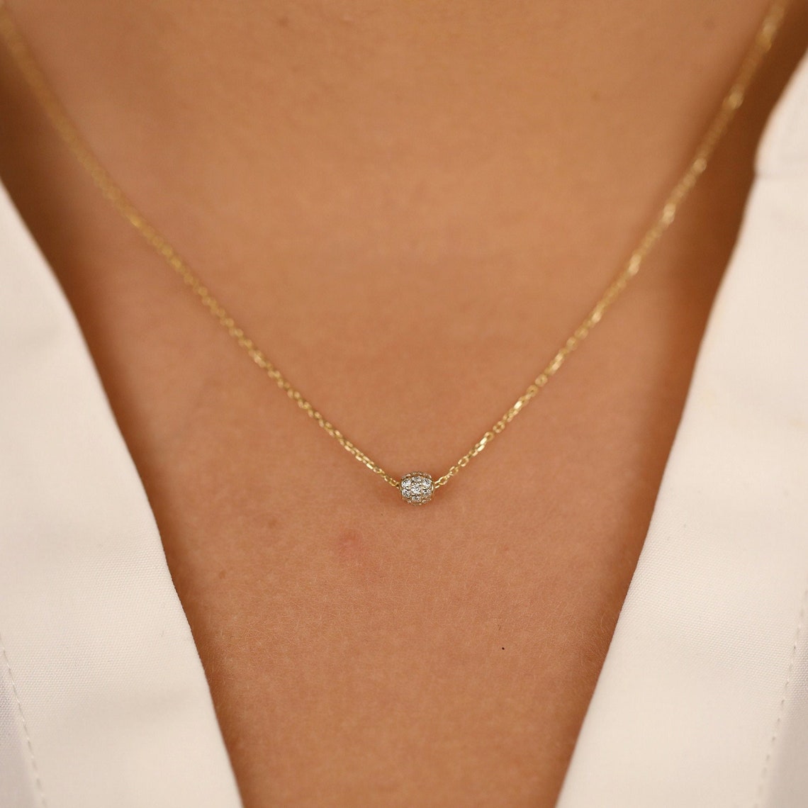14k Gold Small Diamond Charm Necklace Gold Ball Necklace - Etsy